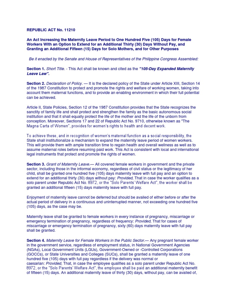 105-Day Expanded Maternity Leave Law | PDF | Parental Leave | Childbirth