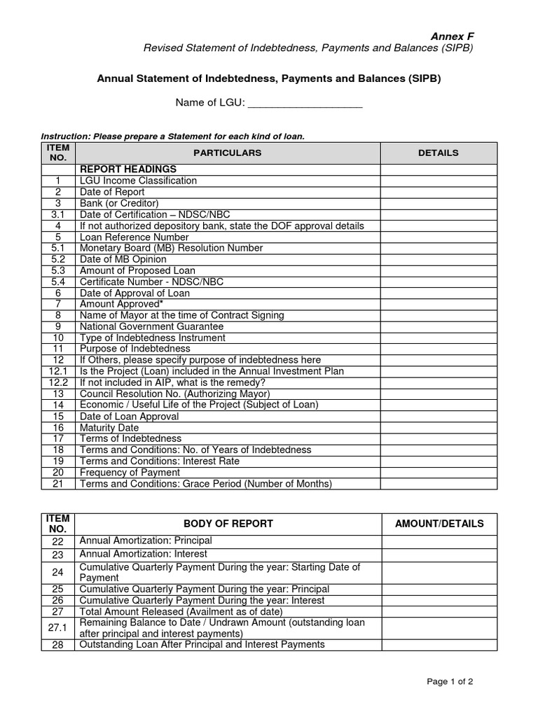 Annex F Revised Statement of Indebtedness Payments and Balances | PDF ...