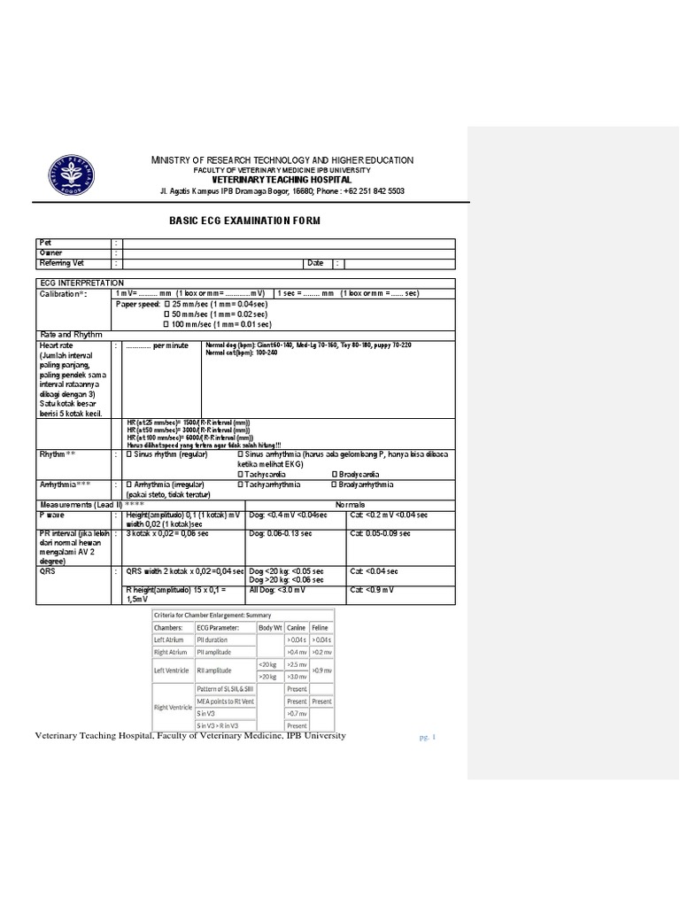 Basic Ecg Examination Form: Veterinary Teaching Hospital | PDF ...