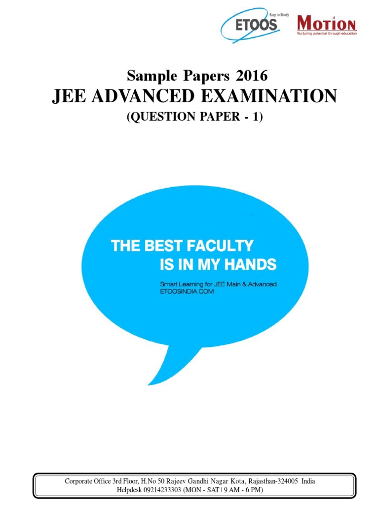 Jee Advanced Examination: Sample Papers 2016 | PDF | Electron | Ellipse