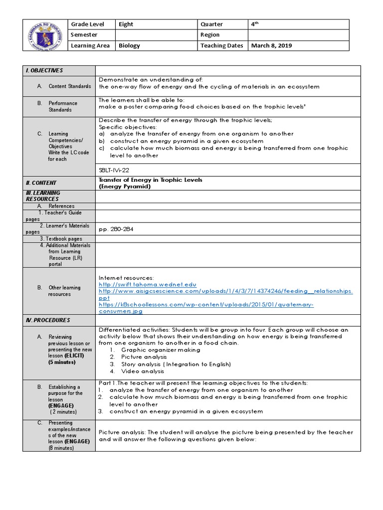 Energy Pyramid Lesson Plan for Grade 8 | PDF | Food Web | Biomass (Ecology)