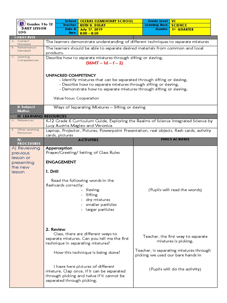 Grade 6 Lesson Plan: Separating Mixtures | PDF | Lesson Plan | Behavior Modification
