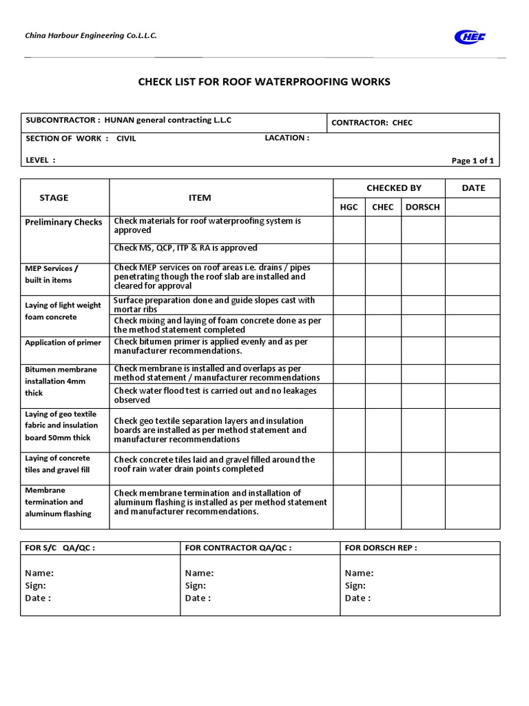 Check List For Roof Waterproofing Works: Stage Item Checked by Date ...
