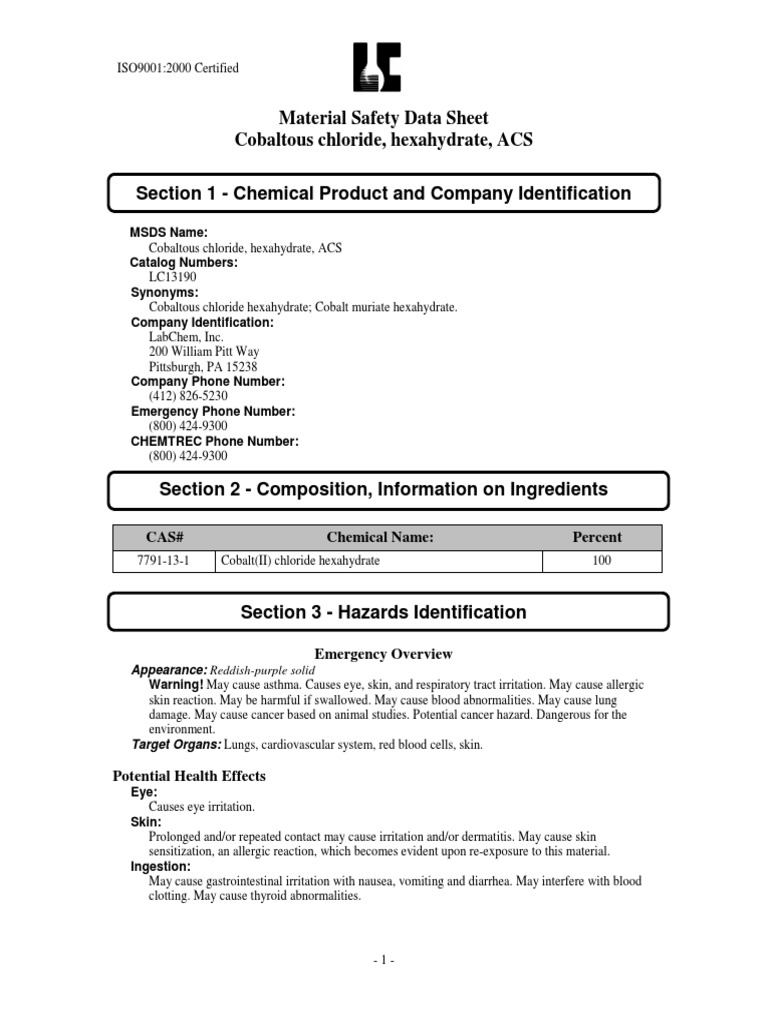 Material Safety Data Sheet Cobaltous Chloride, Hexahydrate, ACS Section ...