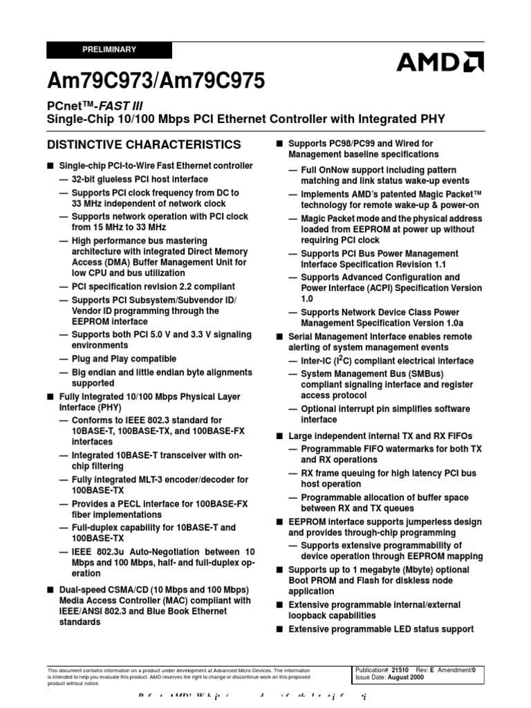 Data Sheet - AMD PCnet-FAST III Ethernet Controller | PDF | Areas Of ...