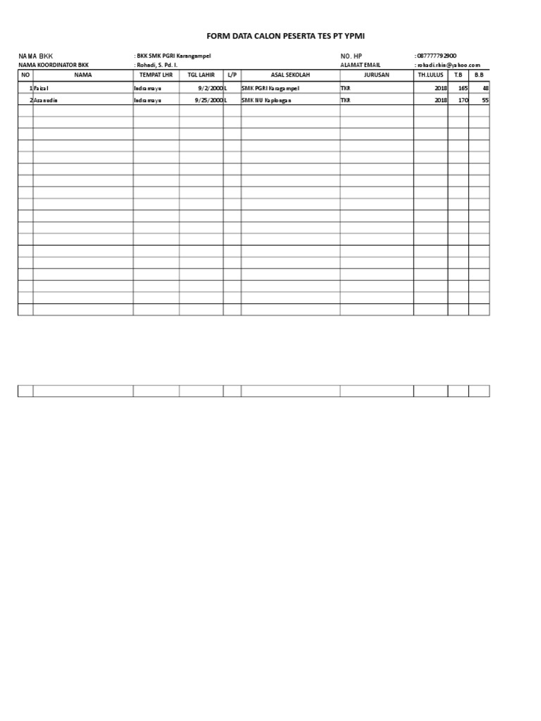 Form Data Peserta Tes PT YPMI | PDF