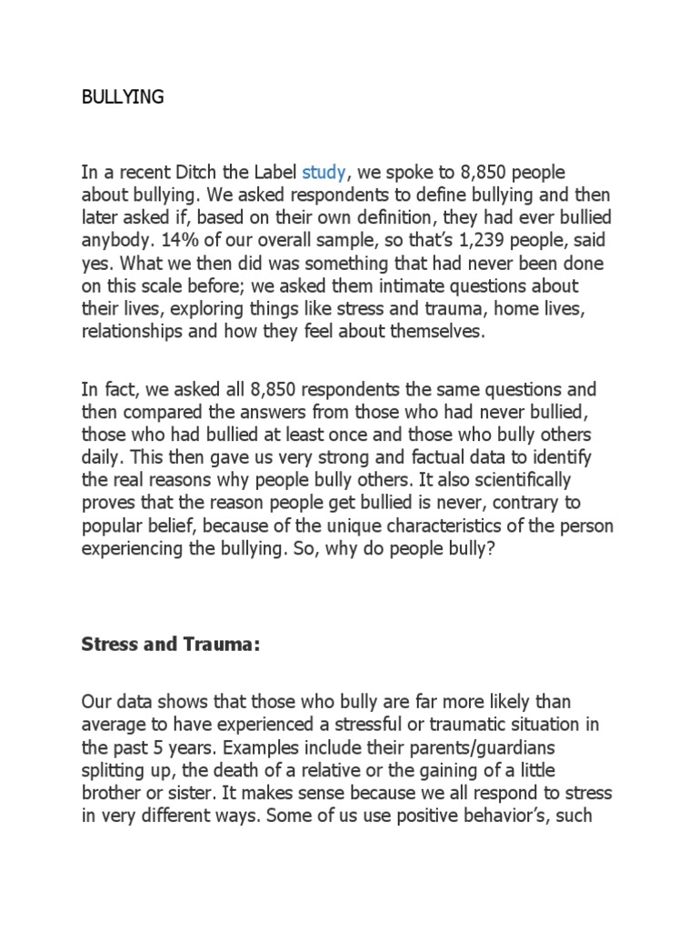 Bullying: Study | PDF | Bullying | Psychological Trauma