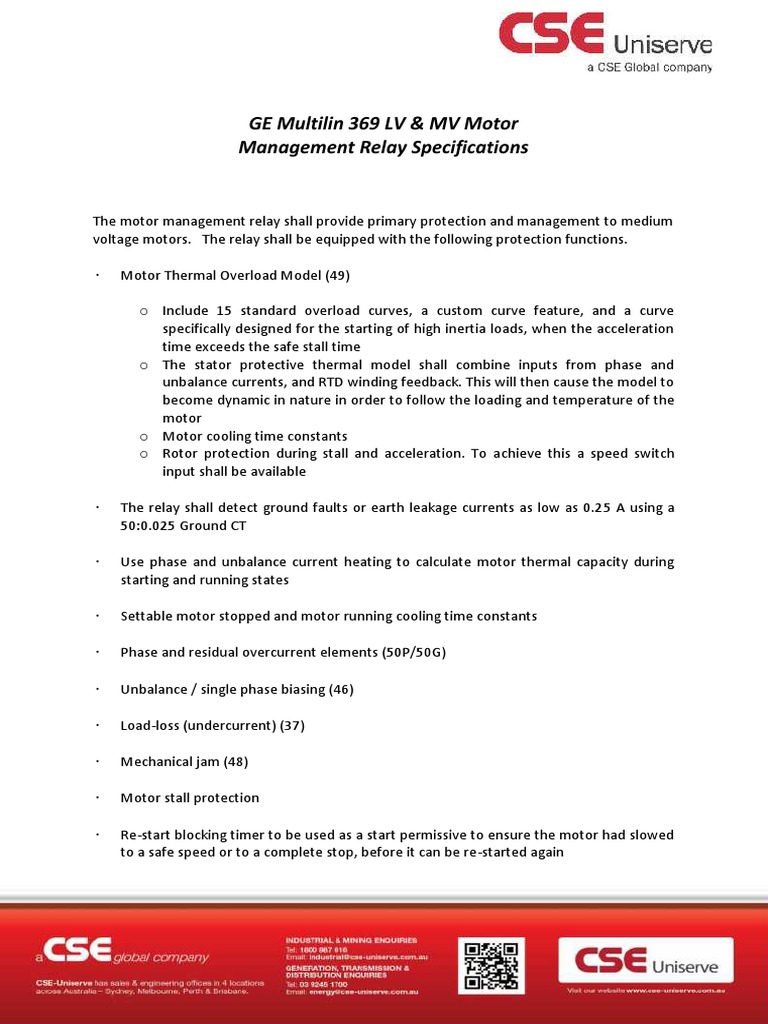 GE Multilin 369 Specifications | PDF | Relay | Electric Motor