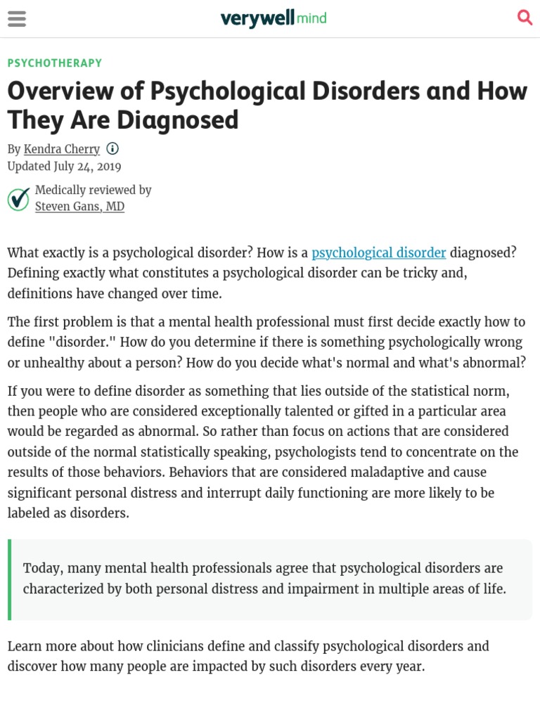 Overview of Psychological Disorders | PDF | Mental Disorder | Medical ...