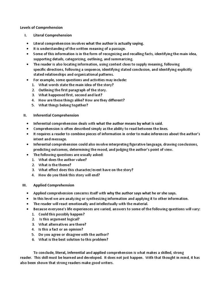 Levels of Comprehension | PDF | Reading Comprehension | Question