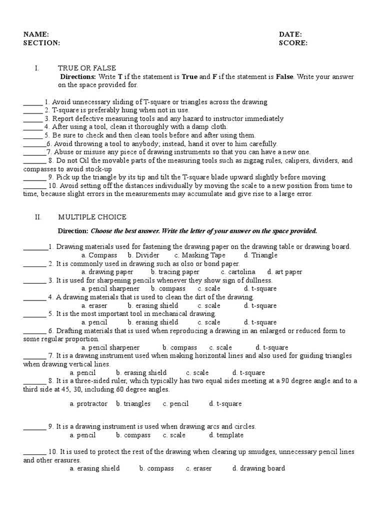 Name: Date: Section: Score:: Direction: Choose The Best Answer. Write ...