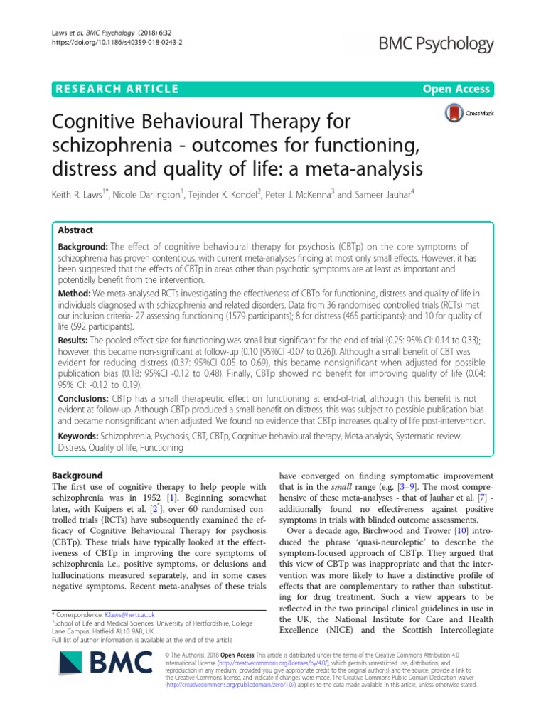 Cognitive Behavioural Therapy For Schizophrenia - Outcomes For ...
