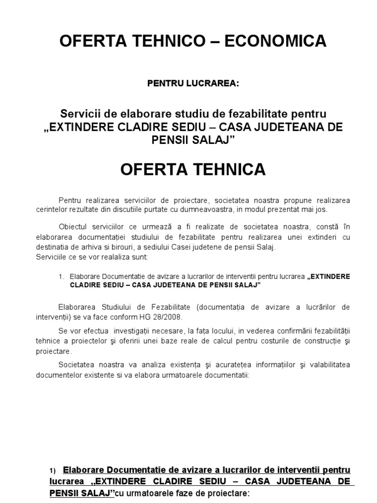 Oferta Tehnica Proiectare SF