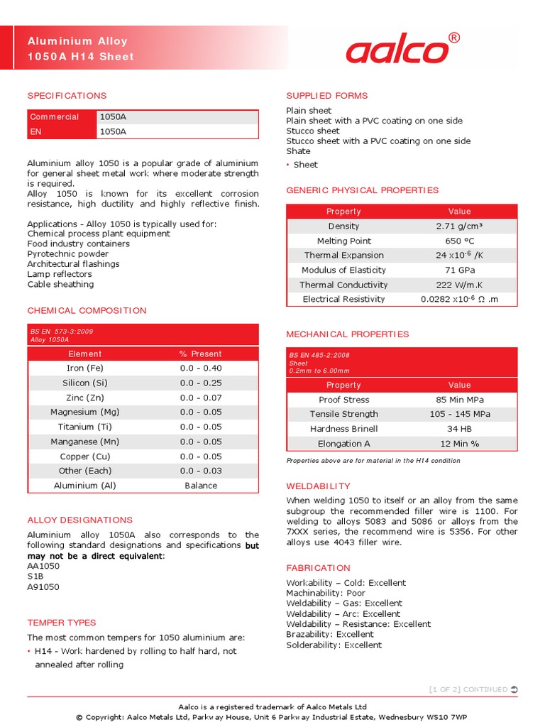 Aalco Metals LTD Aluminium Alloy 1050A H14 Sheet 57 | PDF | Sheet Metal ...