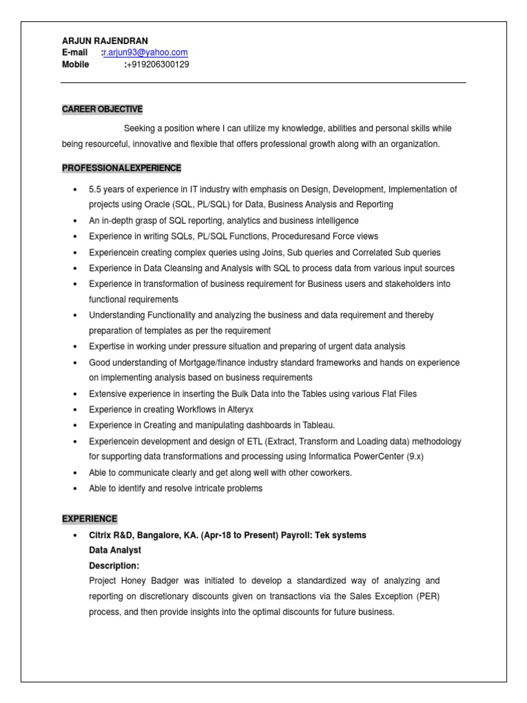 Arjun Resume Data Analyst Pdf Oracle Database Pl Sql