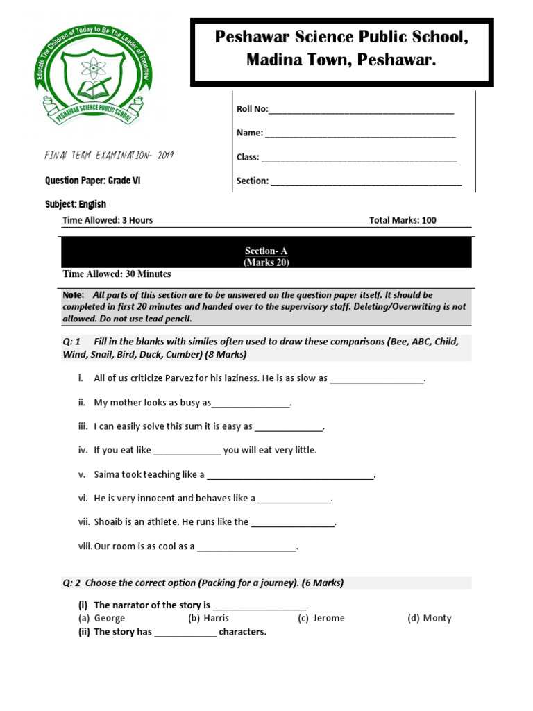 Class 6 English Exam Paper 2019 | PDF