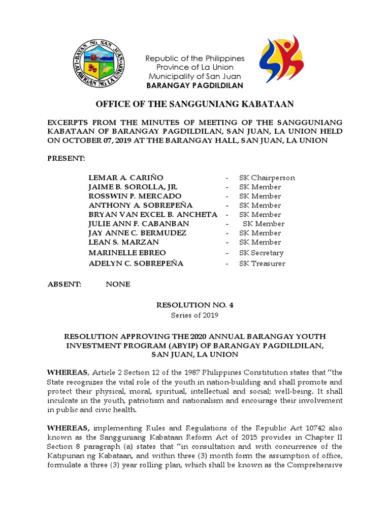Sk Resolution Approving Abyip Government Information Social 