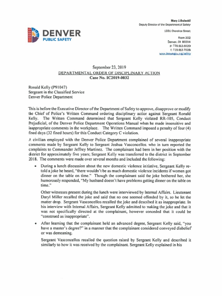 Denver Police Department Discipline Letter: Sergeant Ronald Kelly | PDF