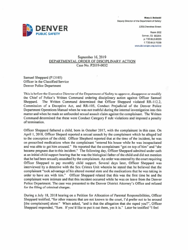 Denver Police Department Discipline Letter: Officer Samuel Sheppard | PDF