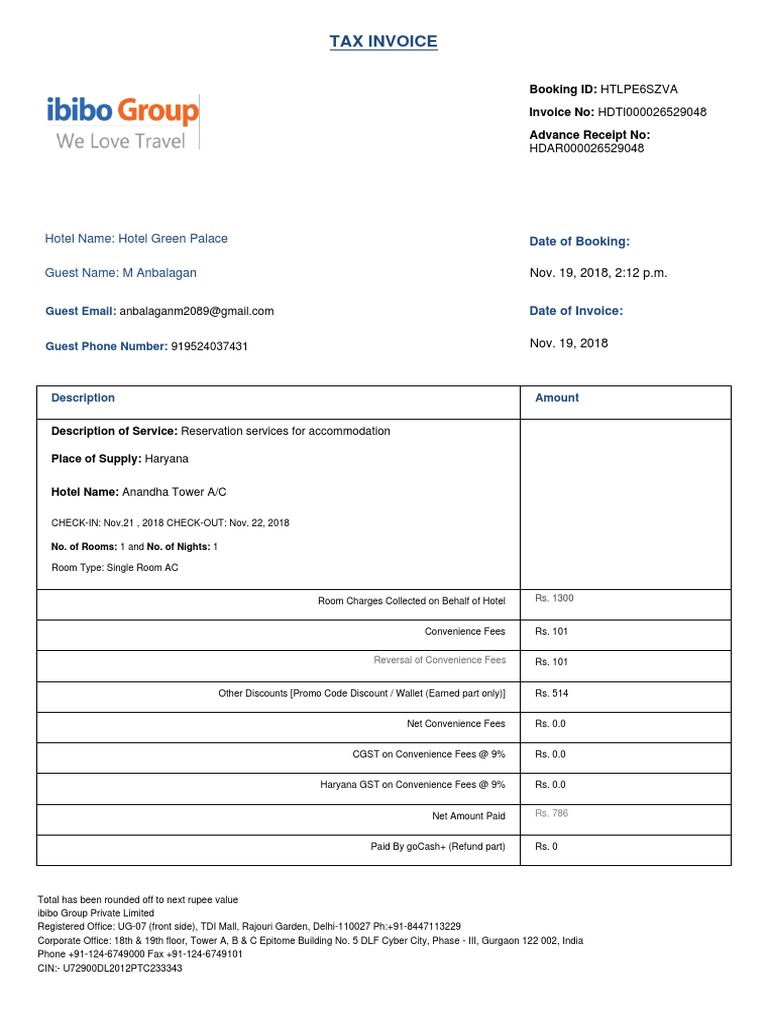 Tax Invoice: Hotel Name: Hotel Green Palace | PDF | Invoice | Rupee