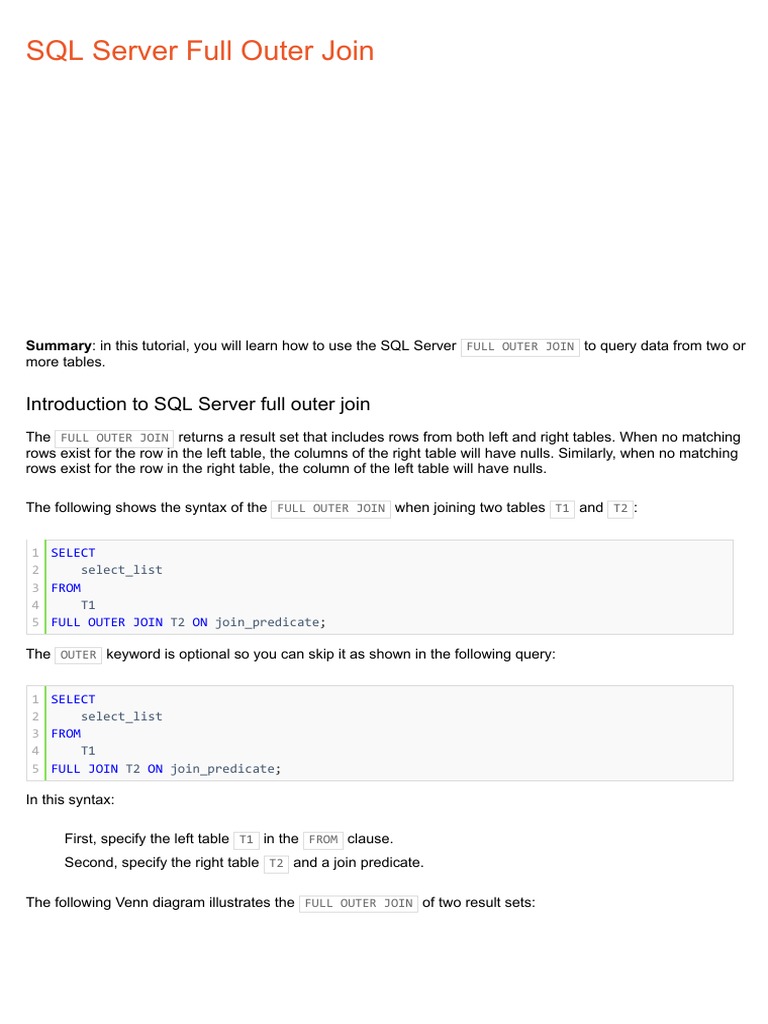 SQL Server FULL OUTER JOIN: Query Data from Multiple Tables | PDF ...