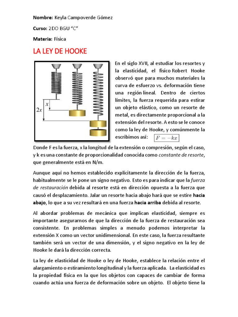 Ley de Hooke | PDF | Fuerza | Elasticidad (Física)