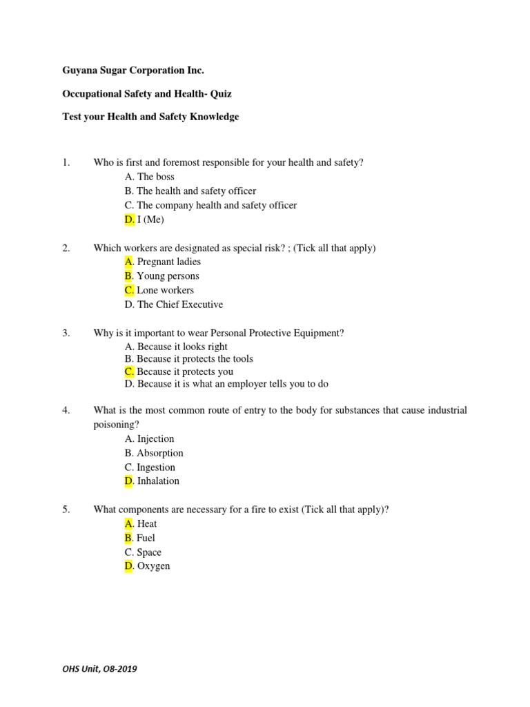 Guyana Sugar Corporation Inc. Occupational Safety and Health-Quiz Test ...