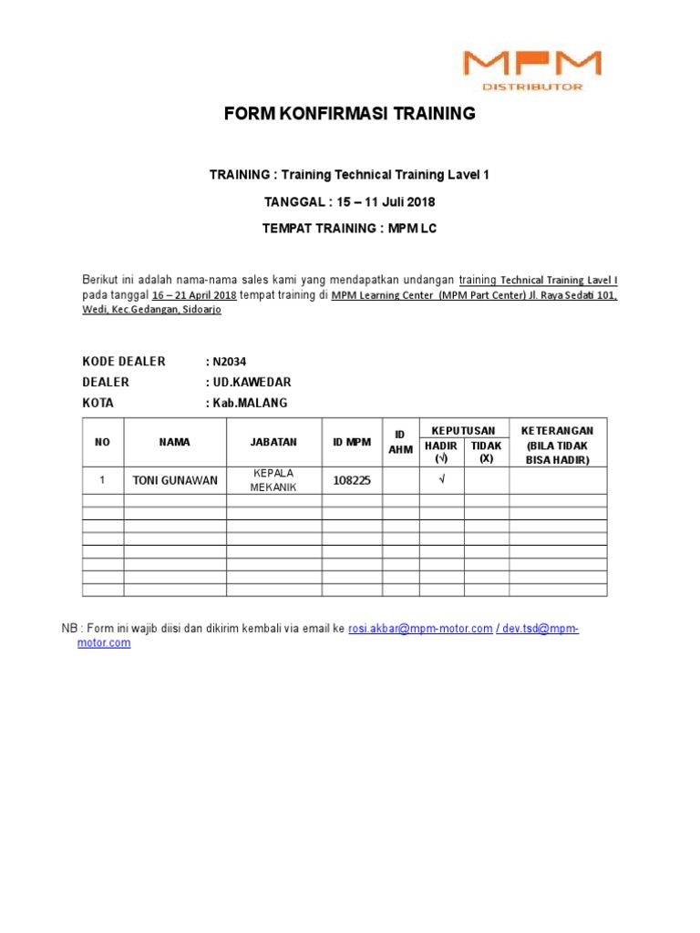 Form Konfirmasi Training 2018 | PDF