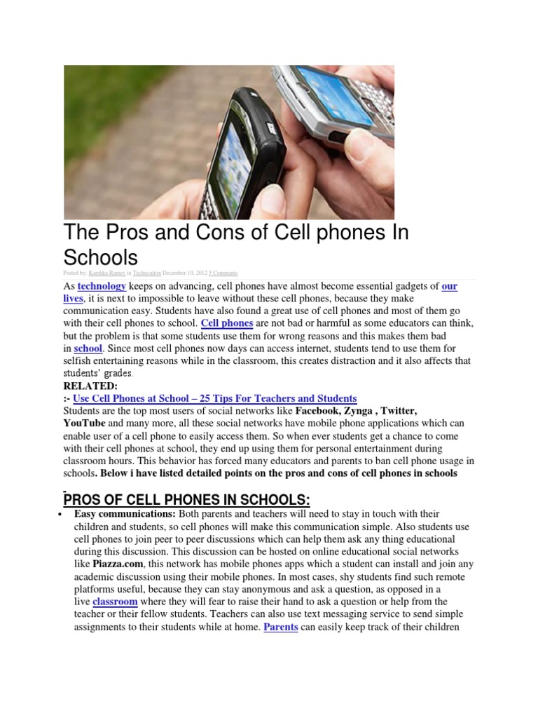 The Pros and Cons of Cell Phones in Schools | PDF | Mobile Phones ...
