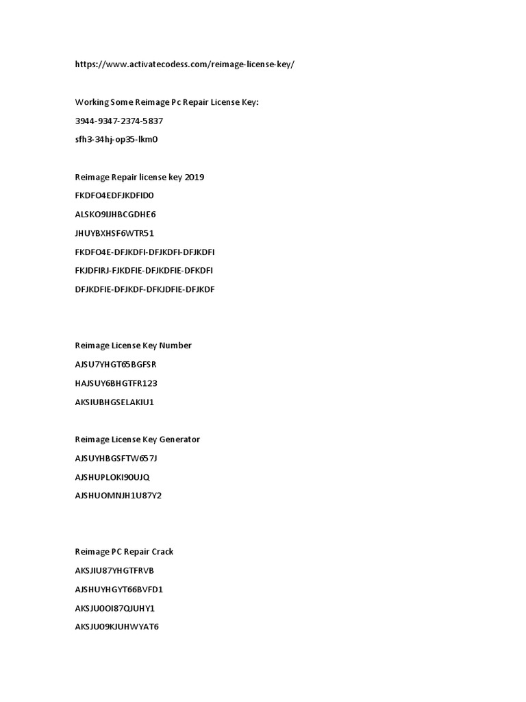 Reimage PC Repair License Keys | PDF