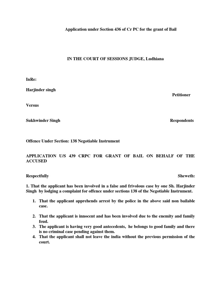 Application Under Section 436 of CR PC For The Grant of Bail | PDF ...