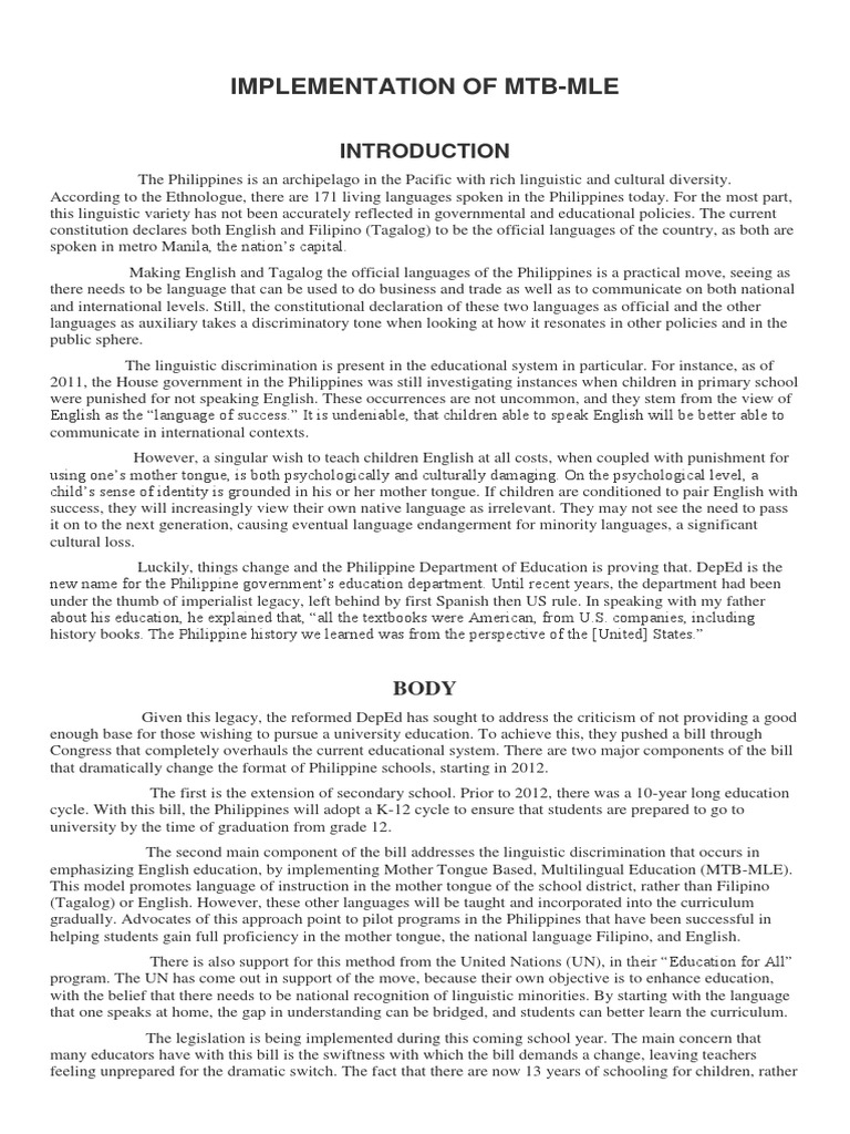 Implementation of Mtb-Mle | PDF | First Language | Philippines