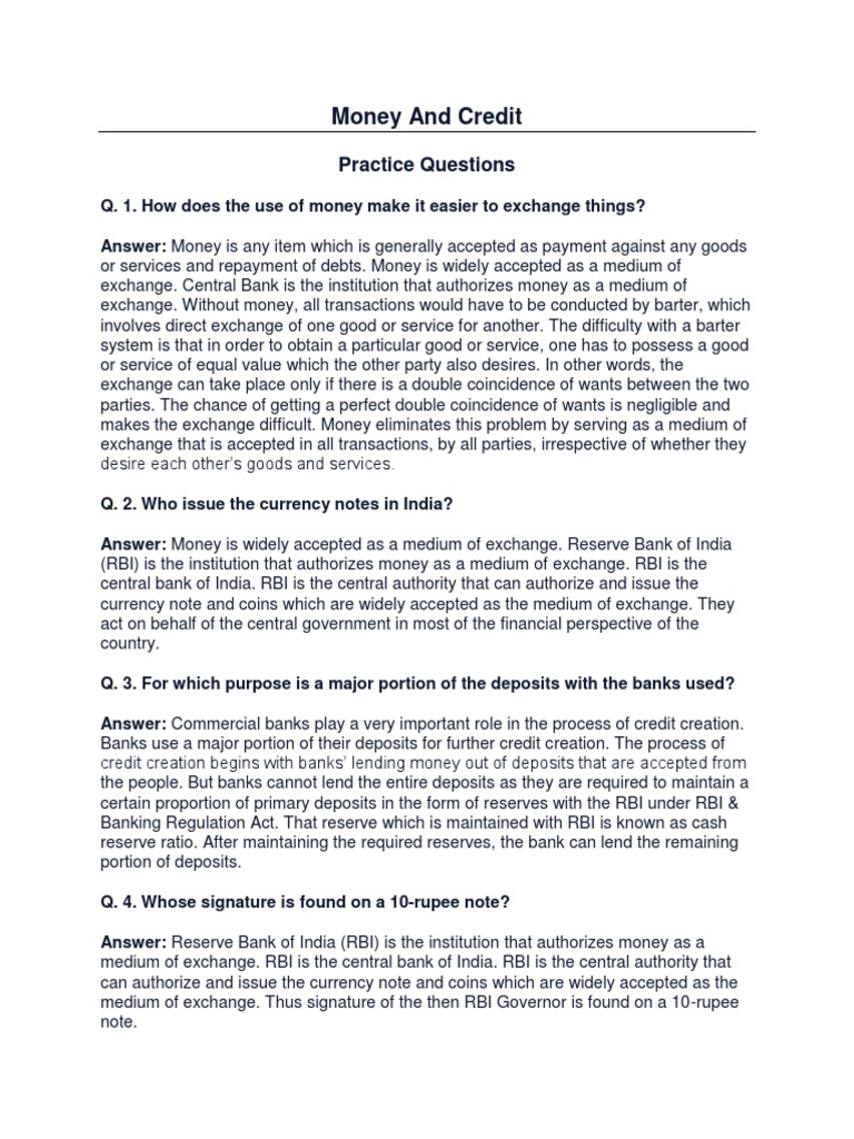 Money and Credit: Practice Questions | PDF | Loans | Financial Transaction
