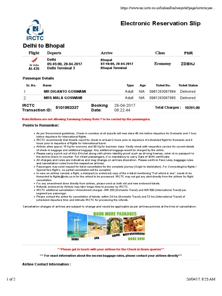 Delhi To Bhopal: Electronic Reservation Slip | PDF | Airlines | Aviation