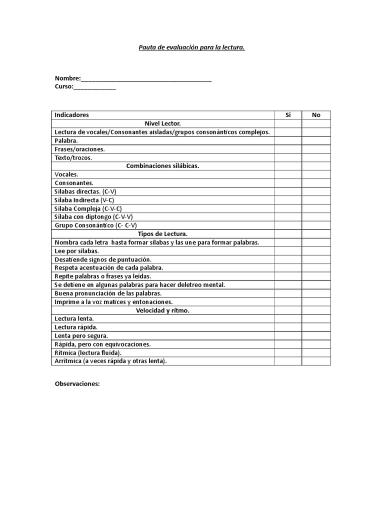Pauta de Evaluación de Lectura | PDF | Artes del Lenguaje y ...