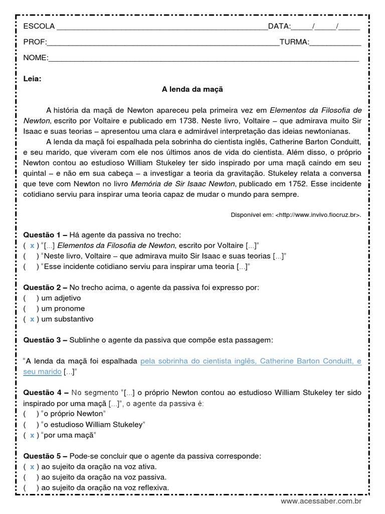 Atividade de Portugues Agente Da Passiva 9º Ano Respostas | PDF