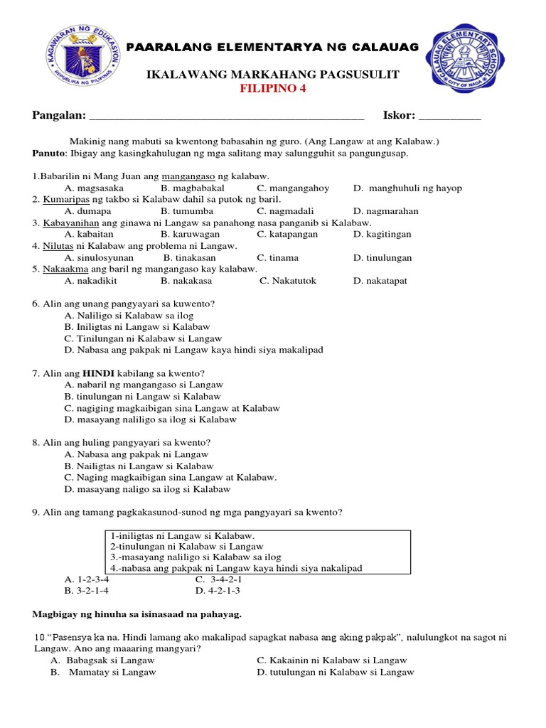 PT - FILIPINO 4 - Q2 - Carmela Calauag 2019 | PDF