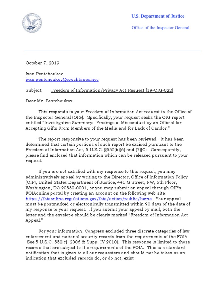 FOIA Request (19-OIG-022) | Freedom Of Information Act (United States ...
