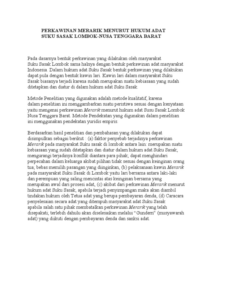 Perkawinan Merarik Menurut Hukum Adat | PDF