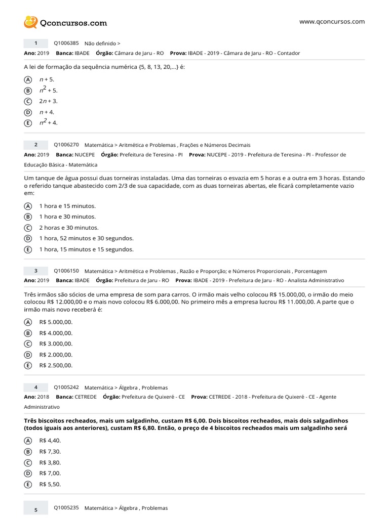 Lista de Exercícios de Matemática Básica | PDF | Brasil | Ensino de ...