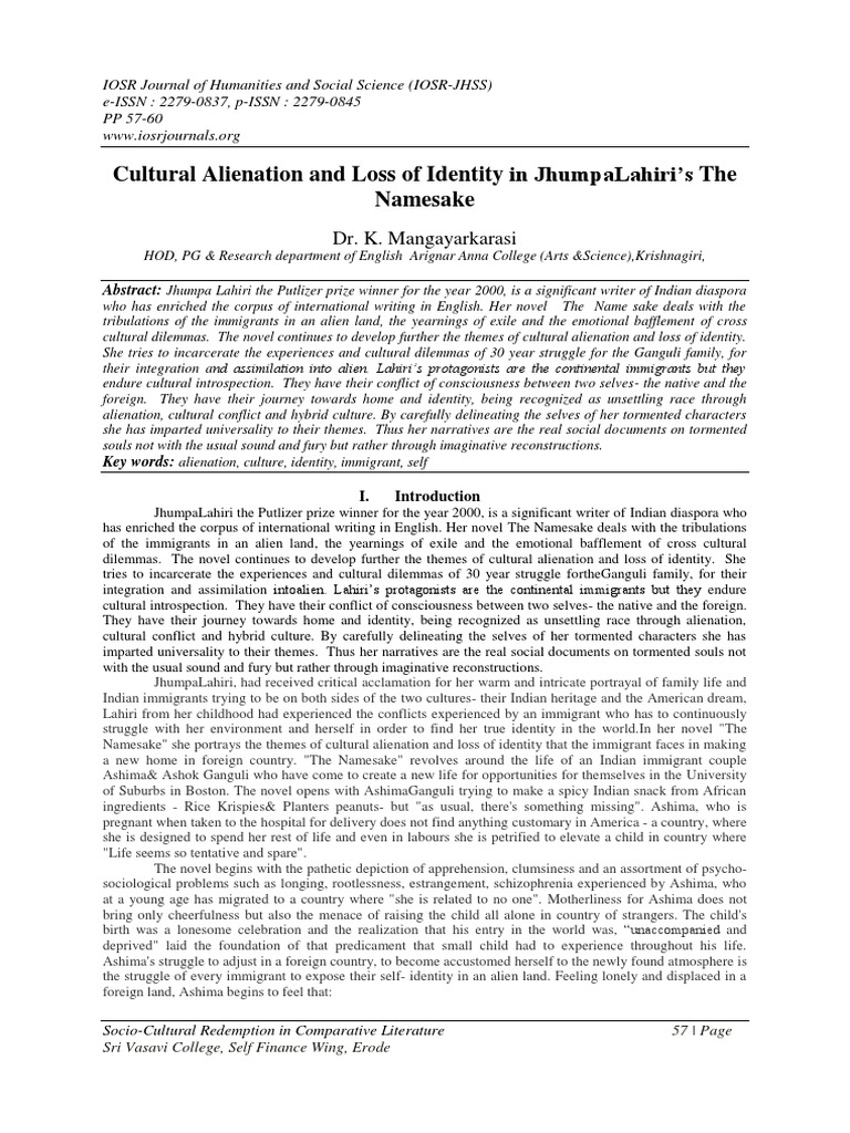 Cultural Alienation and Loss of Identity in Jhumpalahiri'S The Namesake ...