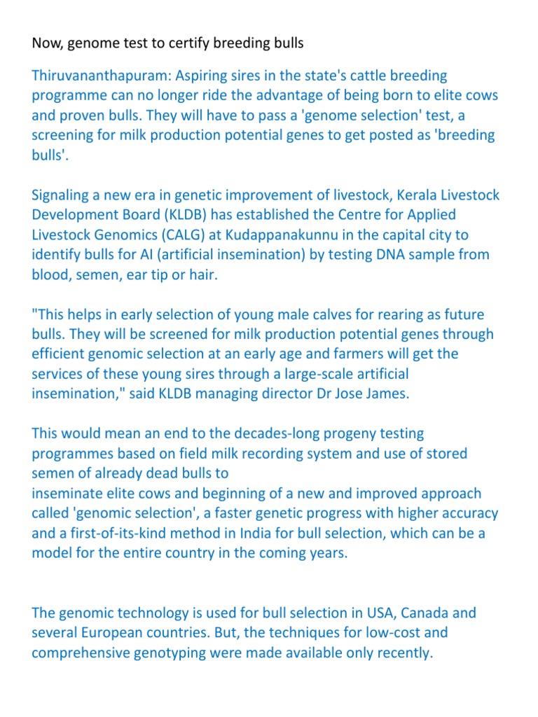 Now, Genome Test To Certify Breeding Bulls | PDF | Dairy Cattle | Cattle