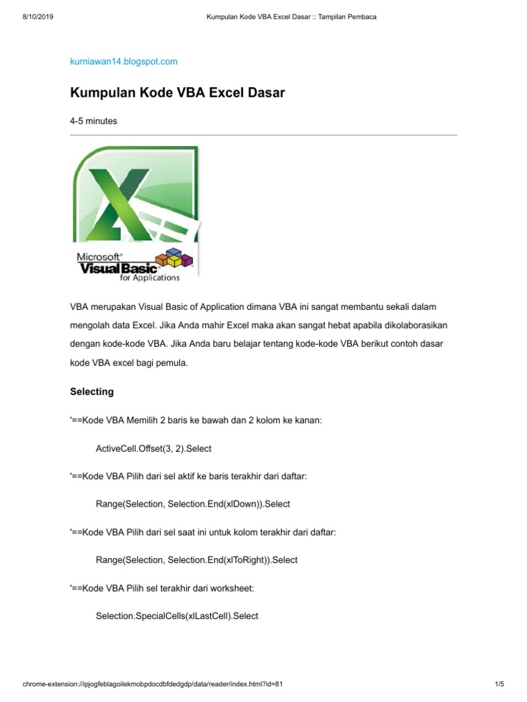 Kumpulan Kode Vba Excel Dasar Tampilan Pembaca Pdf Metode And Bahan Ajar Komputer 