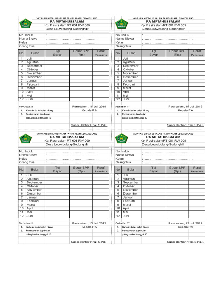 Format Kartu Pembayaran SPP Sekolah | PDF