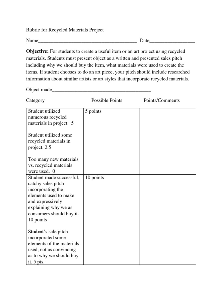 Rubric For Recycled Materials Project | PDF