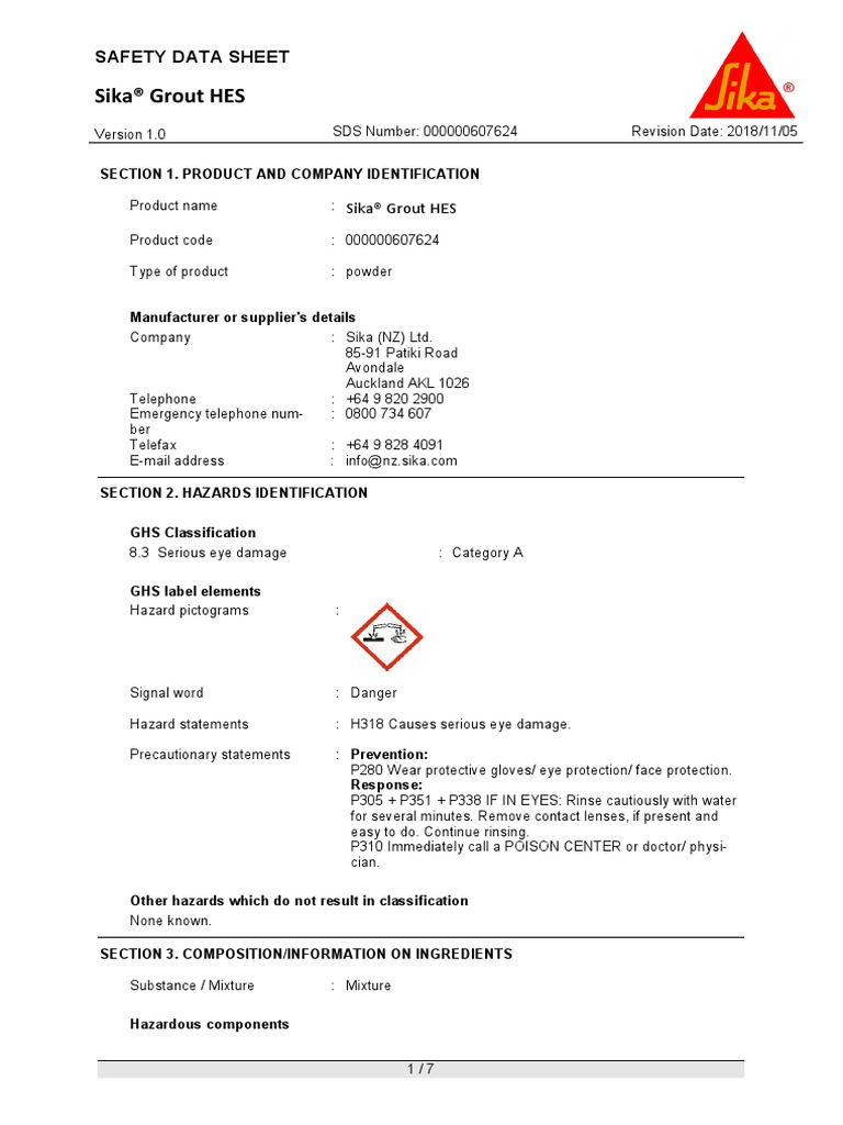 MSDS SikaGrout 214-11 | PDF | Toxicity | Personal Protective Equipment