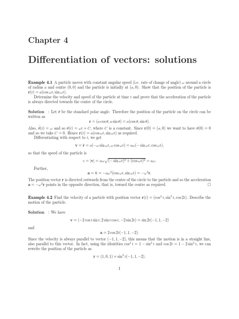 Differentiation of Vectors: Solutions: Example 4.1 | PDF