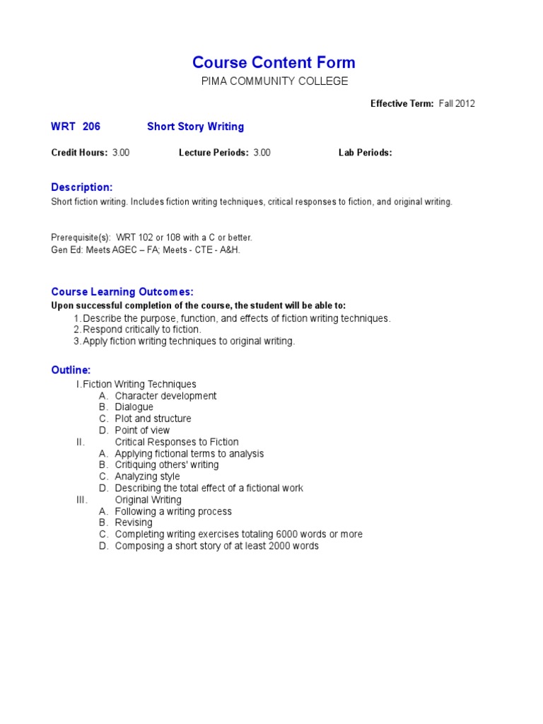 Course Content Form: WRT 206 Short Story Writing | PDF
