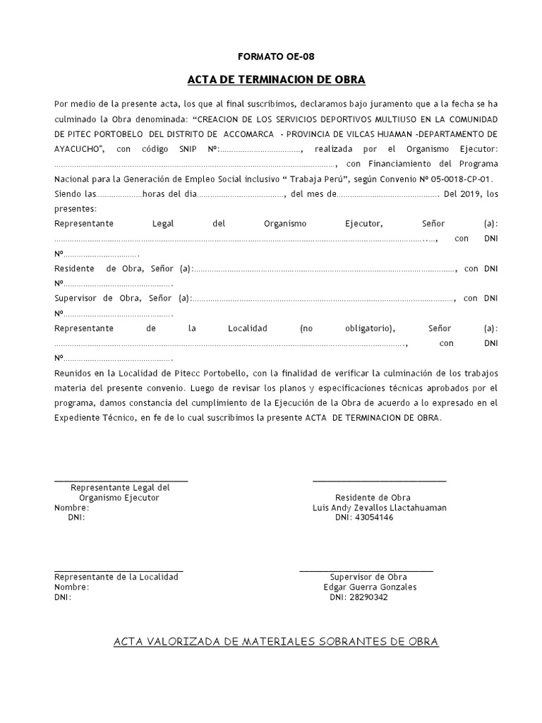 Acta de Terminacion de Obra - F-08 | PDF | Gobierno