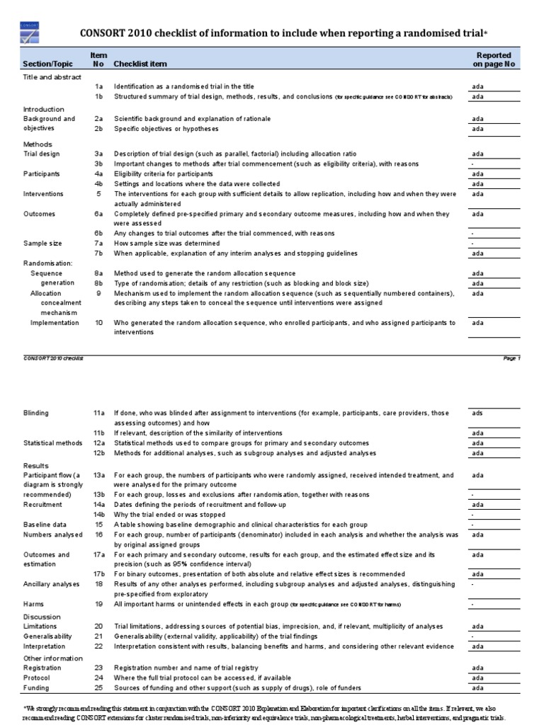 CONSORT 2010 Checklist of Information To Include When Reporting A ...